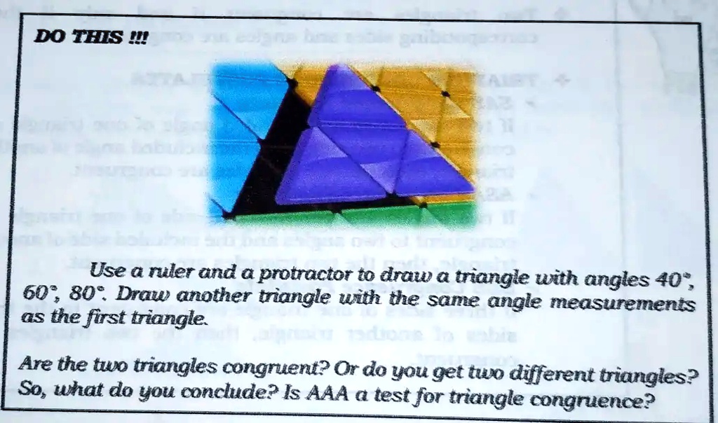 SOLVED: DO THS !! Use a ruler and a protractor to draw a triangle with angles 40- 60 80: Draw ...
