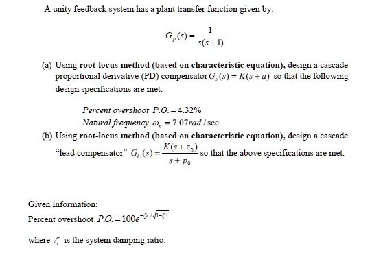 SOLVED: A unity feedback system has a plant transfer function given by: G(s) = s(5+1) a) Using ...
