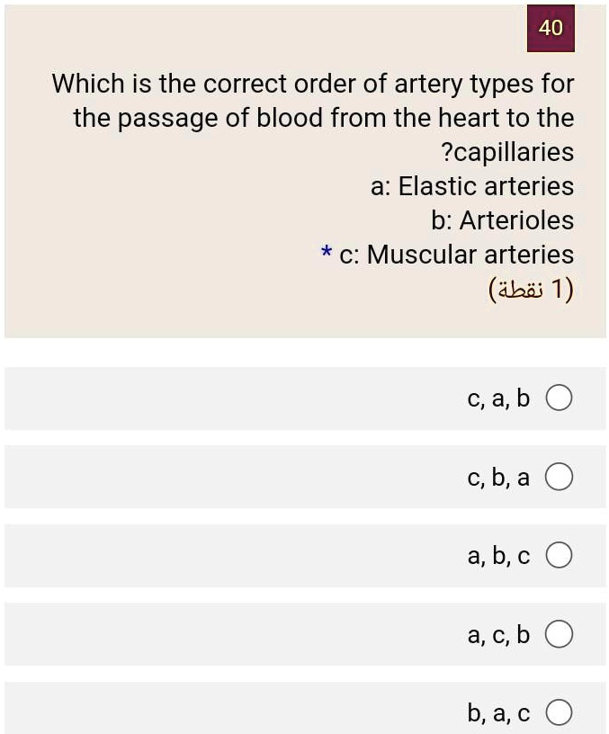 SOLVED: Which is the correct order of artery types for the passage of blood from the heart to ...