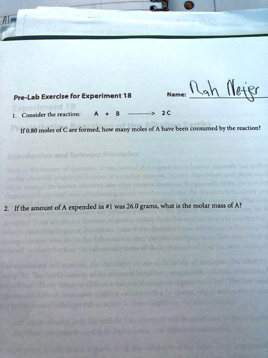 SOLVED:Pre-= Lab Exercise for Experiment 18 Name: Consider the reaction ...