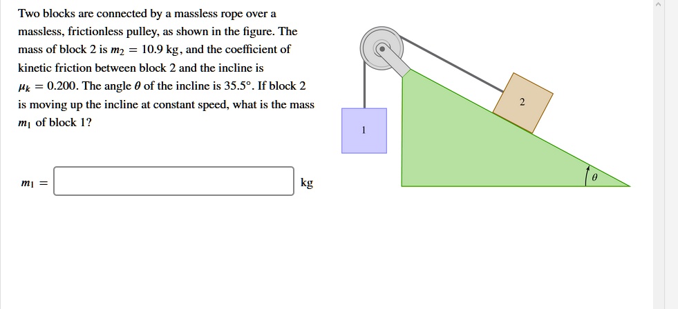 SOLVED: Two blocks are connected by massless rope over a massless, frictionless pulley; as shown ...