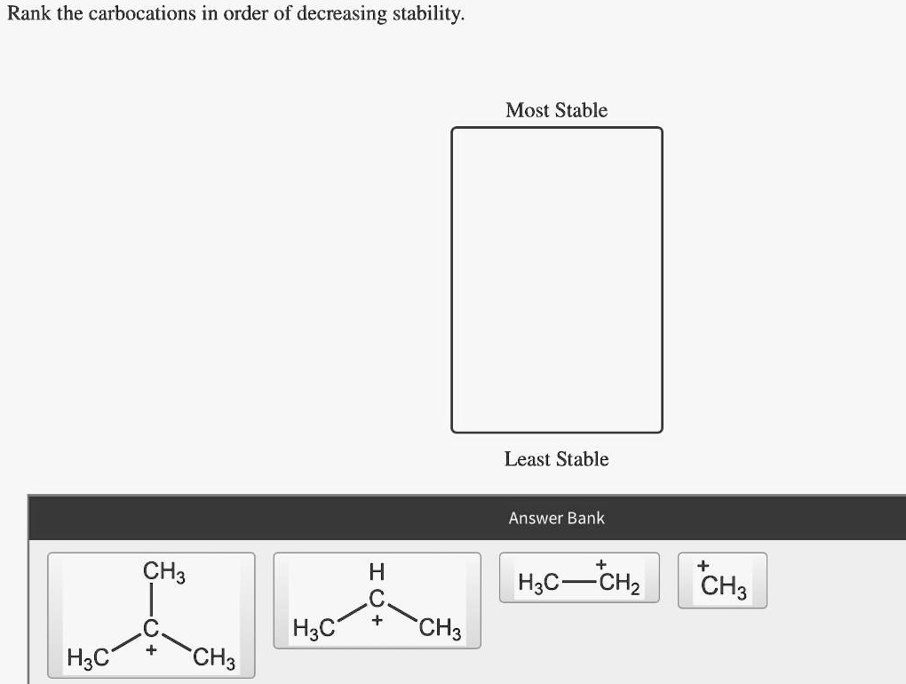 SOLVED: Rank the carbocations in order of decreasing stability: Most Stable Least Stable Answer ...
