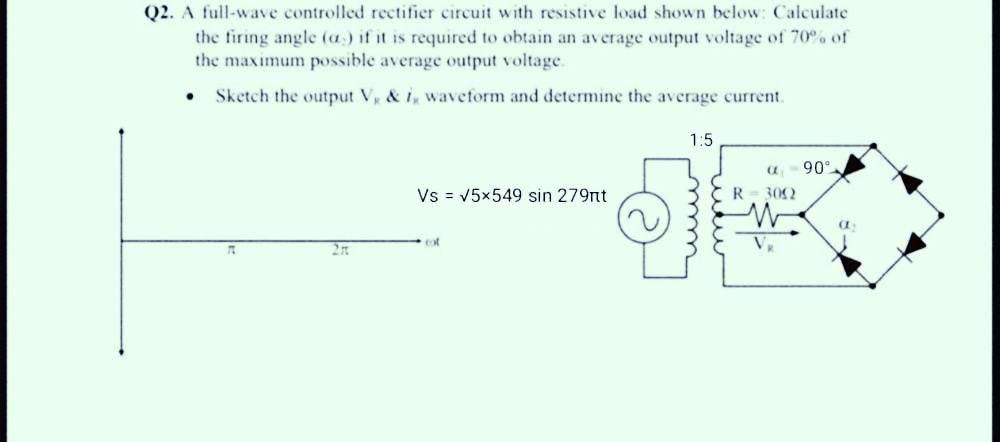 SOLVED: A full-wave controlled rectifier circuit with resistive load shown below. Calculate the ...