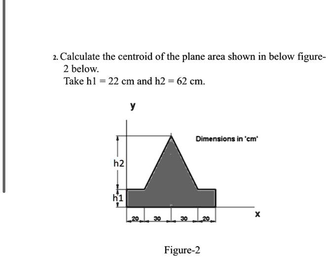 2. Calculate the centroid of the plane area shown in below figure-2 below. Take h1 = 22 cm and ...