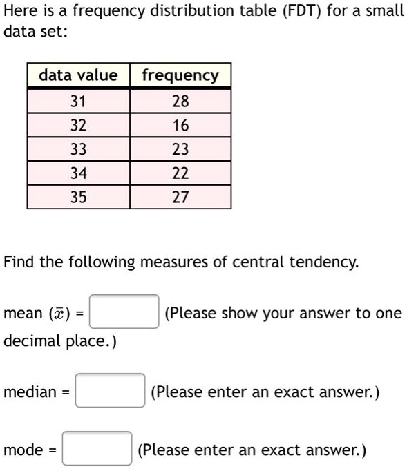 SOLVED: Here is a frequency distribution table (FDT) for a small data set: data value frequency ...