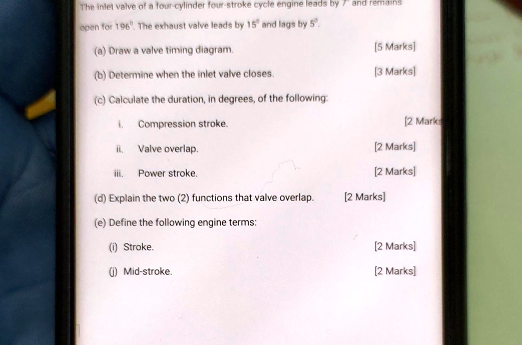The inlet valve of a four-cylinder four-stroke cycle engine leads by 7 and remains open for 196 ...
