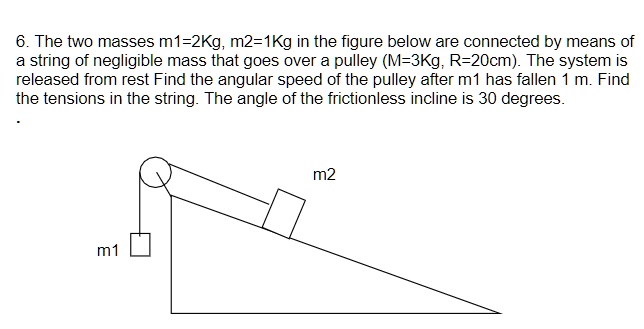 The two masses m1=2Kg, m2=1Kg in the figure below are connected by means of a string of ...