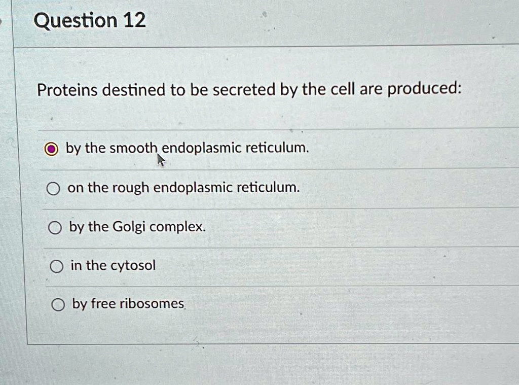 SOLVED: Question 12 Proteins destined to be secreted by the cell are ...