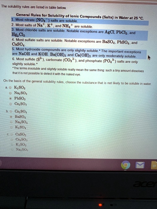 SOLVED:The solubility nes are listed in table below General Rulezfor ...