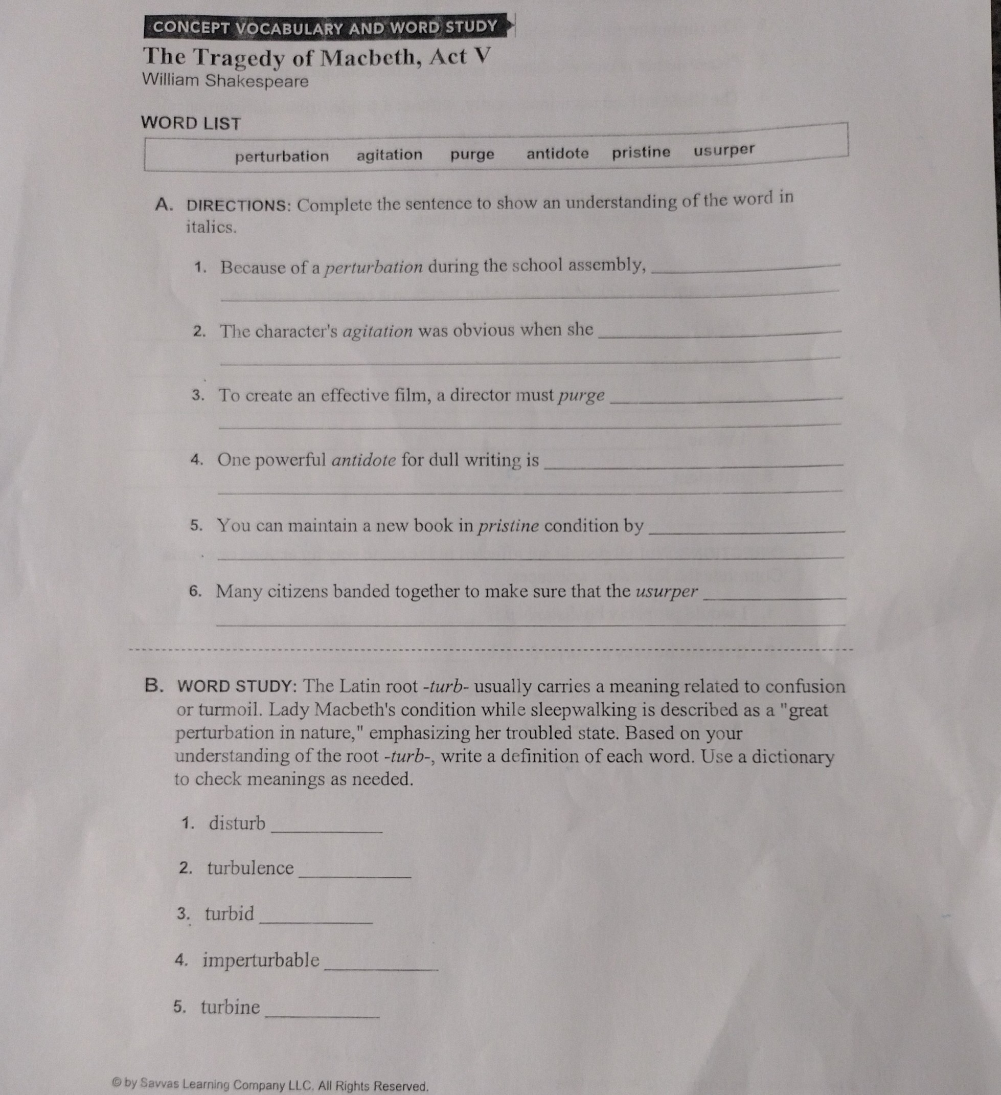 CONCEPT VOCABULARY AND WORD STUDY The Tragedy of Macbeth, Act V William ...