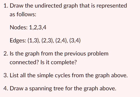 SOLVED: Draw the undirected graph that is represented as follows: Nodes: 1,2,3,4 Edges: (1,3 ...