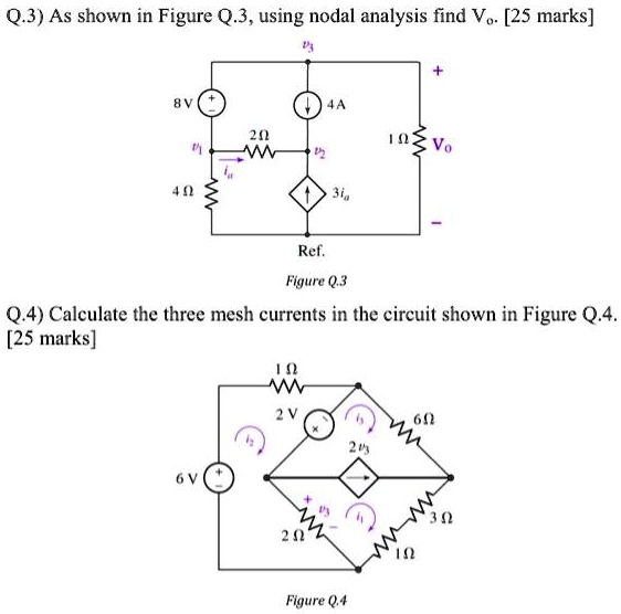 Q.3) As shown in Figure Q.3, using nodal analysis find Vo. [25 marks] 8V 4? v3 + 4A 1? Vo 2? v1 ...