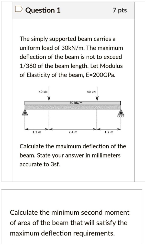 question 1 7 pts the simply supported beam carries a uniform load of 30knm the maximum ...