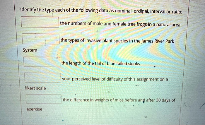 identify the type each of the following data as nominal ordinal ...