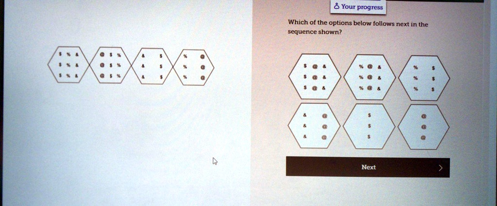 SOLVED: Sova Logical Assessment Complete the pattern Your progress Which of the options below ...