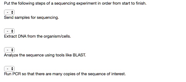 SOLVED: Put the following steps of sequencing experiment in order from ...