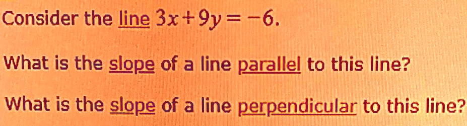 Consider the line 3x + 9y = -6. What is the slope of a line parallel to this line? What is the ...