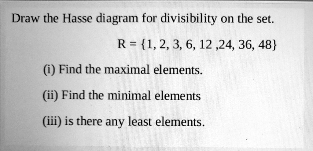 Draw the Hasse diagram for divisibility on the set. R = {1, 2, 3, 6, 12 ...