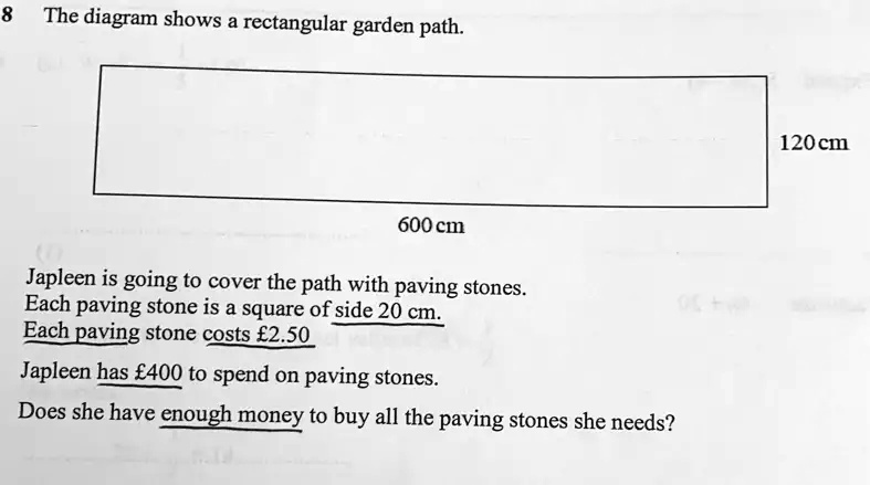 SOLVED: The diagram shows a rectangular garden path. 120 cm 600 cm ...