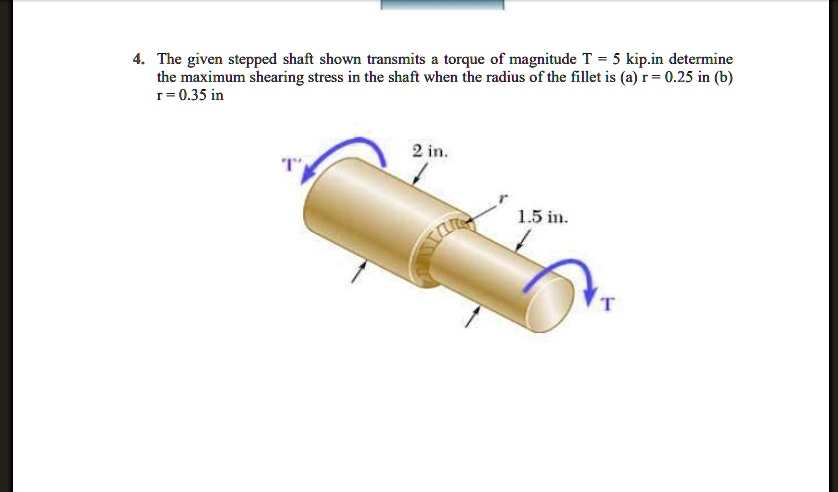 SOLVED: The given stepped shaft shown transmits a torque of magnitude T ...