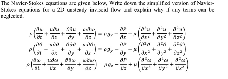 SOLVED: The Navier-Stokes equations are given below. Write down the ... SOLVED: The Navier-Stokes equations are given below. Write down the ...