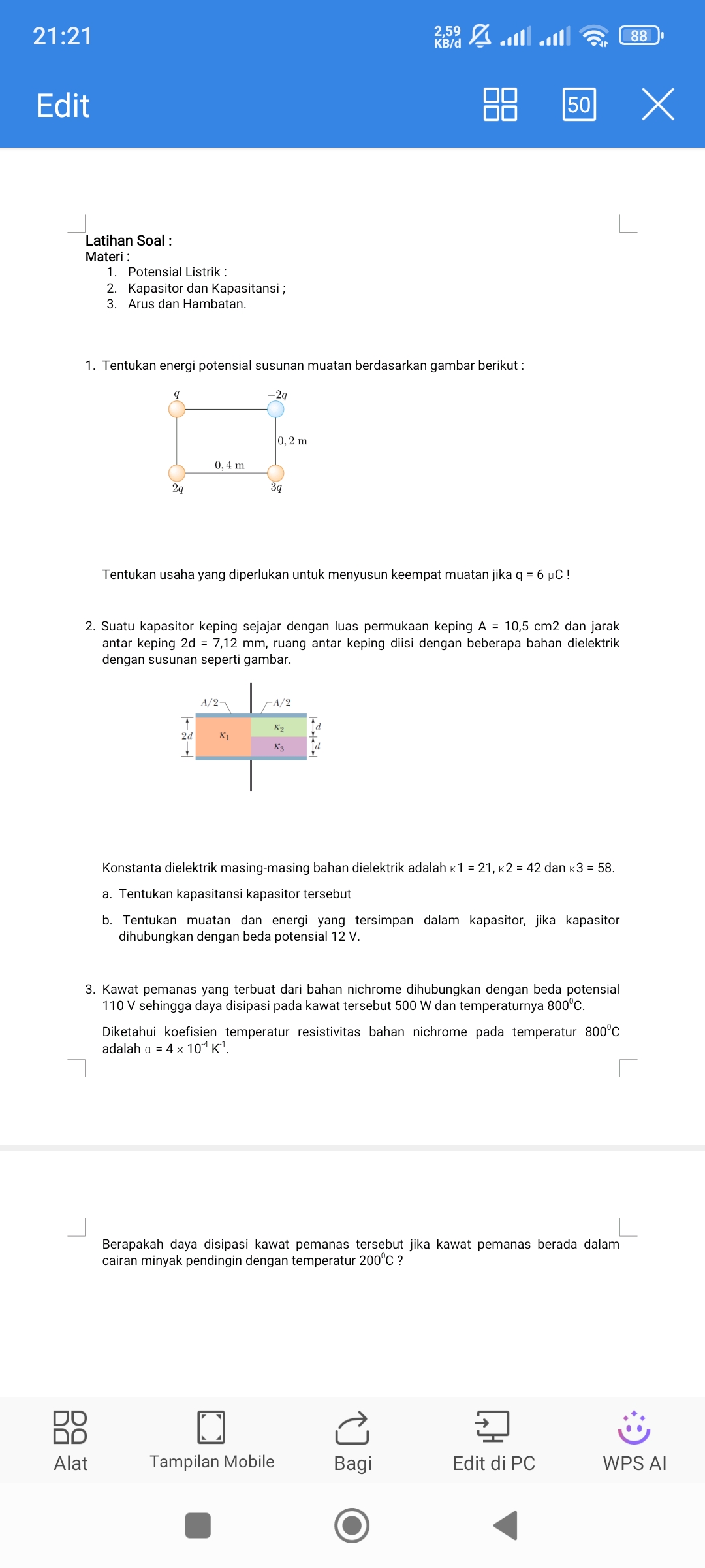 2121 259 88 edit 50 latihan soal materi 1 potensial listrik 2 kapasitor dan kapasitansi 3 arus ...