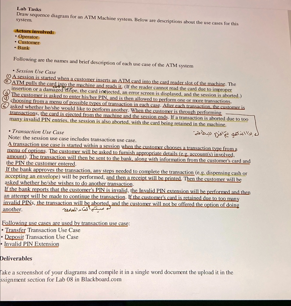 lab tasks draw a sequence diagram for an atm machine system below are ...