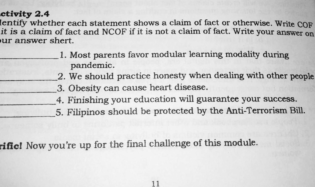 SOLVED: Identify whether each statement shows a claim of fact or ...