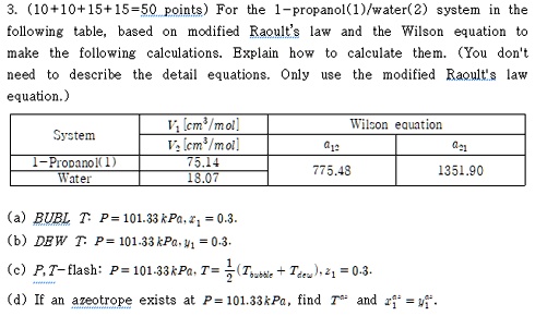 3. (10+10+15+15=50 points) For the 1-propanol(1)/water(2) system in the following table, based ...