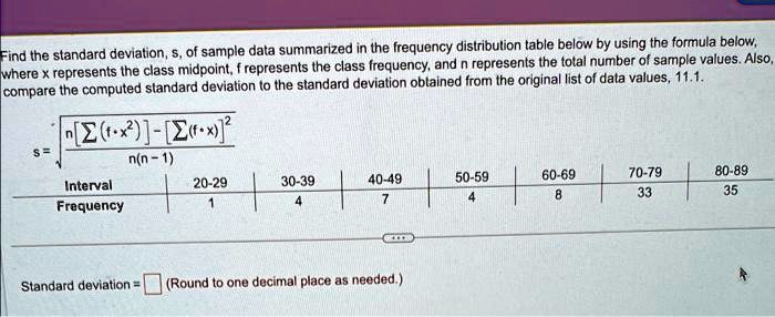 SOLVED: Find the standard deviation, s, of sample data summarized in the frequency distribution ...