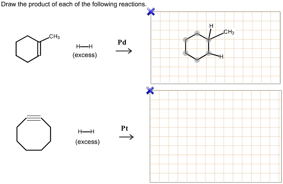 Draw the product of each of the following reactions. CH3 Pd H-H (excess) Pt H-H (excess)