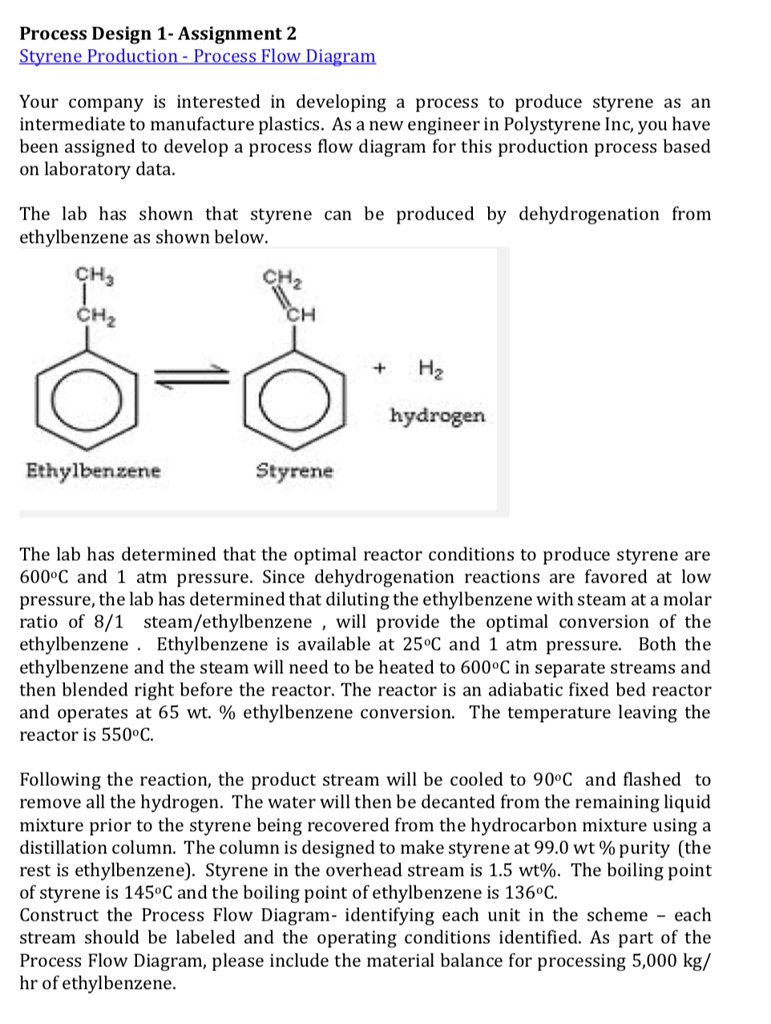 SOLVED: Process Design 1- Assignment 2 Styrene Production Process Flow ...