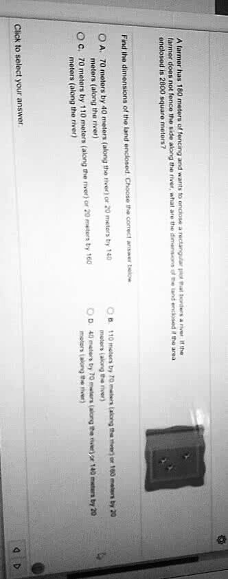 SOLVED: A farmer has 180 meters of fencing and wants to enclose a rectangular plot that borders ...