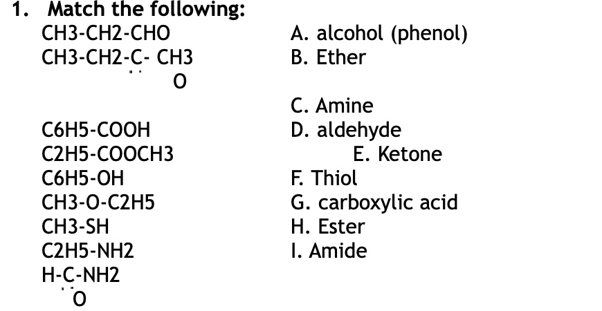 1 match the following ch3 chz cho ch3 chz c ch3 a alcohol phenol b ...
