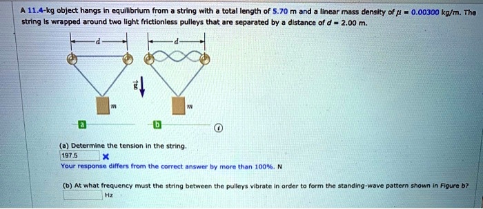 SOLVED: A 11.4-kg object hangs in equilibrium from a string with a total length of 5.70 m and ...