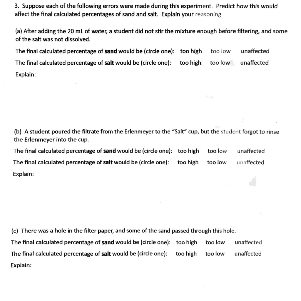 3 suppose each of the following errors were made during this experiment ...
