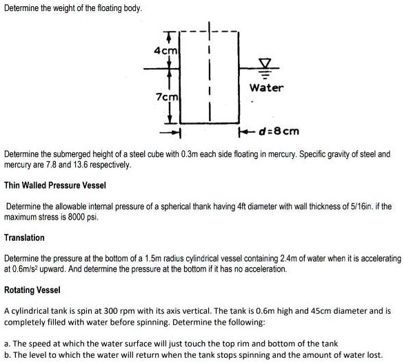 SOLVED: Determine the weight of the floating body 4cm - Water 7cm Kd ...