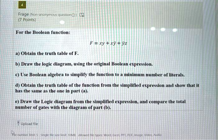 Solved Frage Non Anonymous Question 7 Points For The Boolean 5378