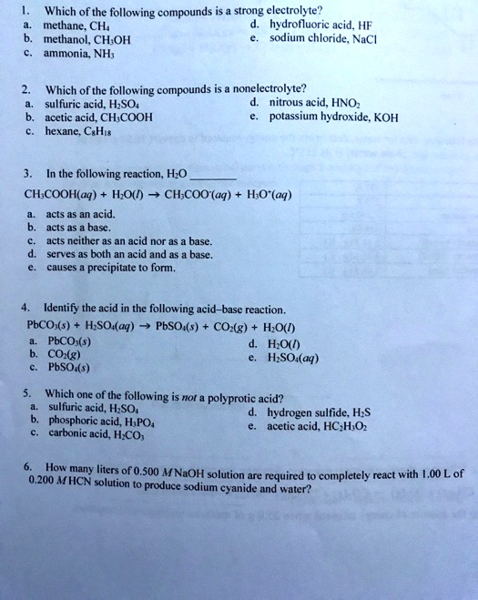 SOLVED: Which of the following compounds is a strong electrolyte? methane, CH4; hydrofluoric ...