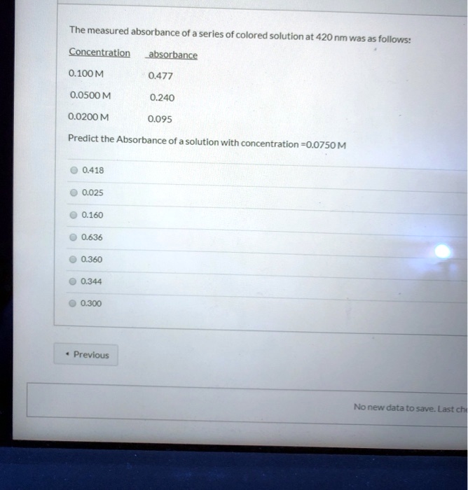 SOLVED: The measured absorbance of series of colored solution at 420 nm ...