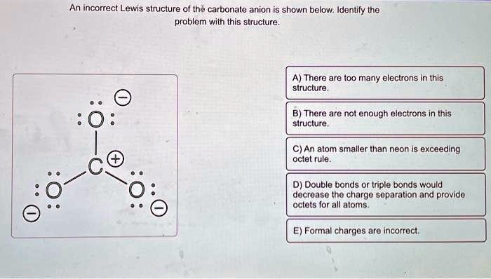 Texts: An incorrect Lewis structure of the carbonate anion is shown ...