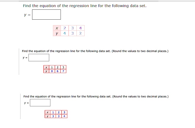 SOLVED: Find the equation of the regression line for the following data set Find the equation of ...