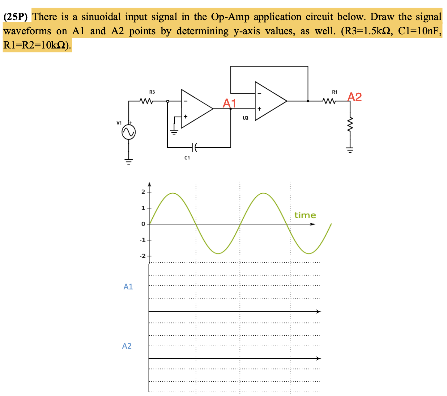 (25P) There is a sinuoidal input signal in the Op-Amp application circuit below. Draw the signal ...