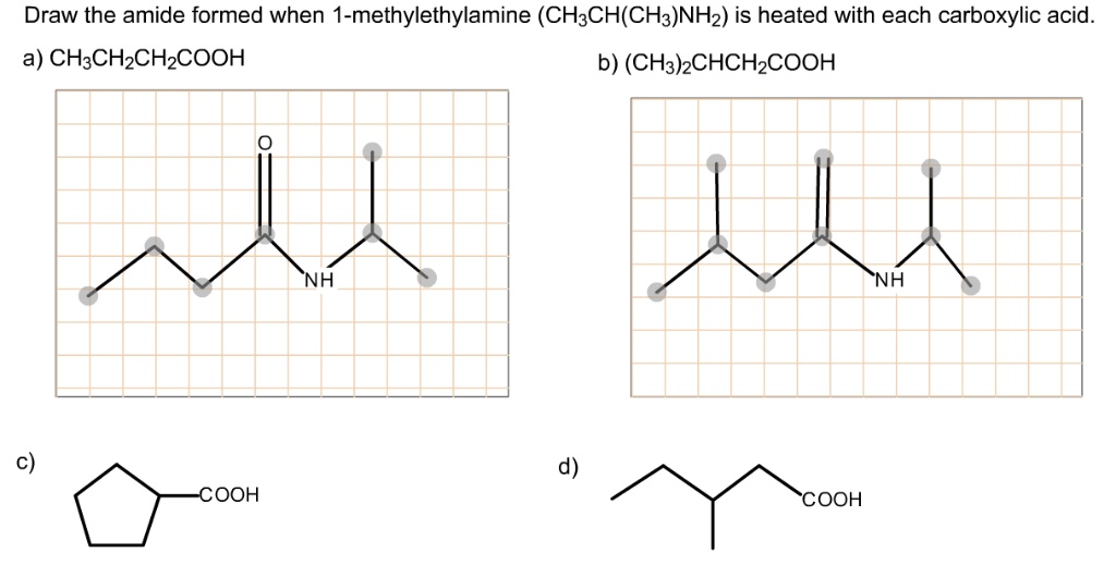 SOLVED: Draw the amide formed when 1-methylethylamine (CH3CH(CH3)NH2 ...