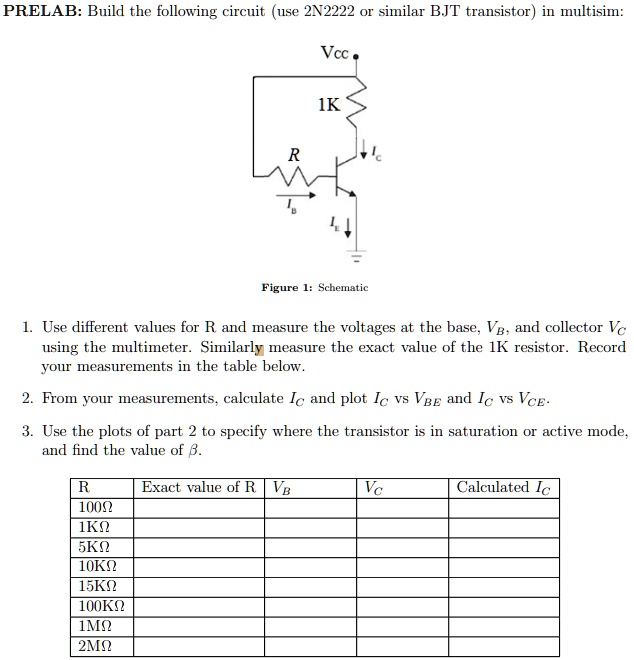 SOLVED: PRELAB: Build the following circuit (use 2N2222 or similar BJT transistor) in Multisim ...