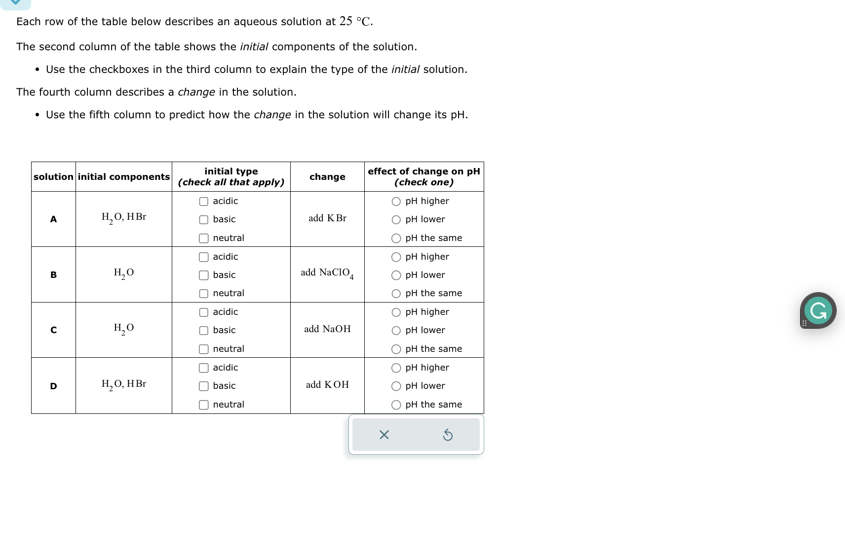 Each row of the table below describes an aqueous solution at 25^∘C. The second column of the ...