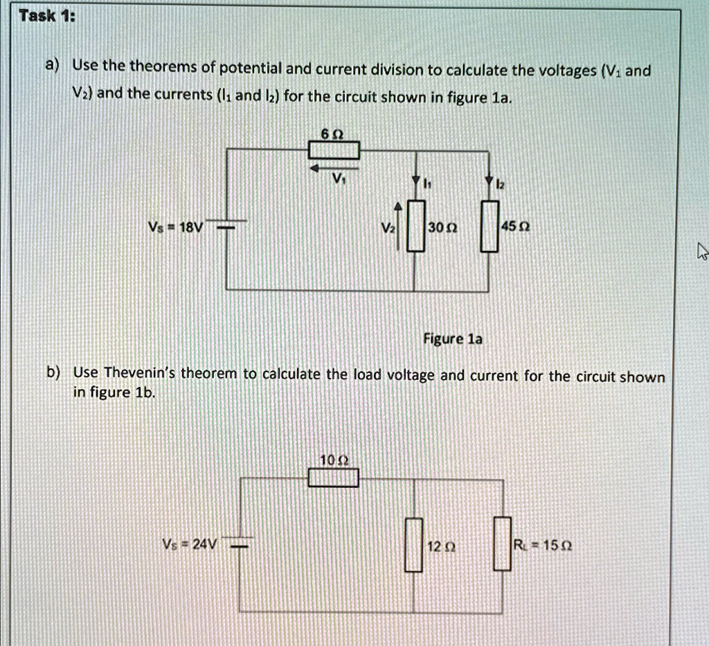 Task 1: a) Use the theorems of potential and current division to calculate the voltages (V₁ and ...