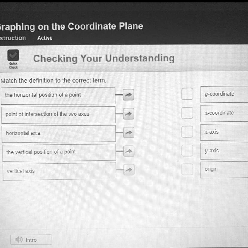 SOLVED: 'Match the definition to the correct term. the horizontal position of a point y ...