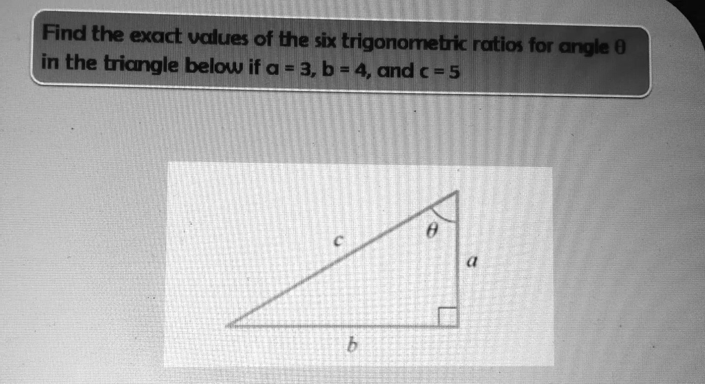 SOLVED: Find the exact values of the six trigonometric ratios for angle Î¸ in the triangle below ...