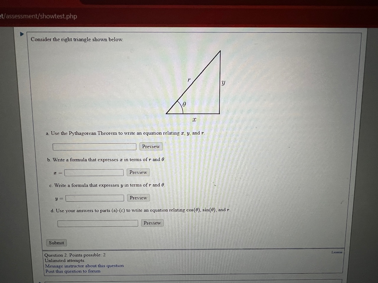 Consider the right triangle shown below. a. Use the Pythagorean Theorem ...